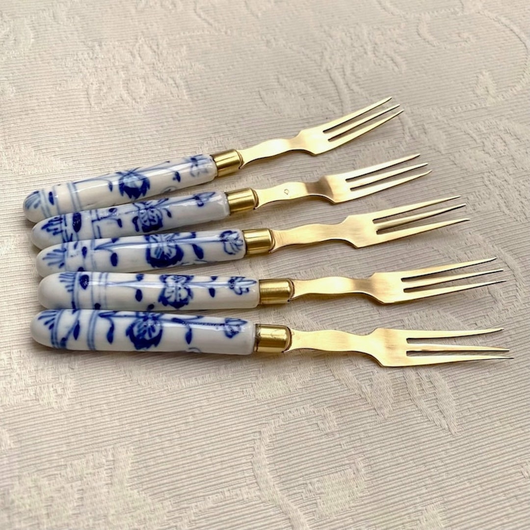 SET OF 5 Blue Fluted Floral Hand Painted on Porcelain. Likely German ...