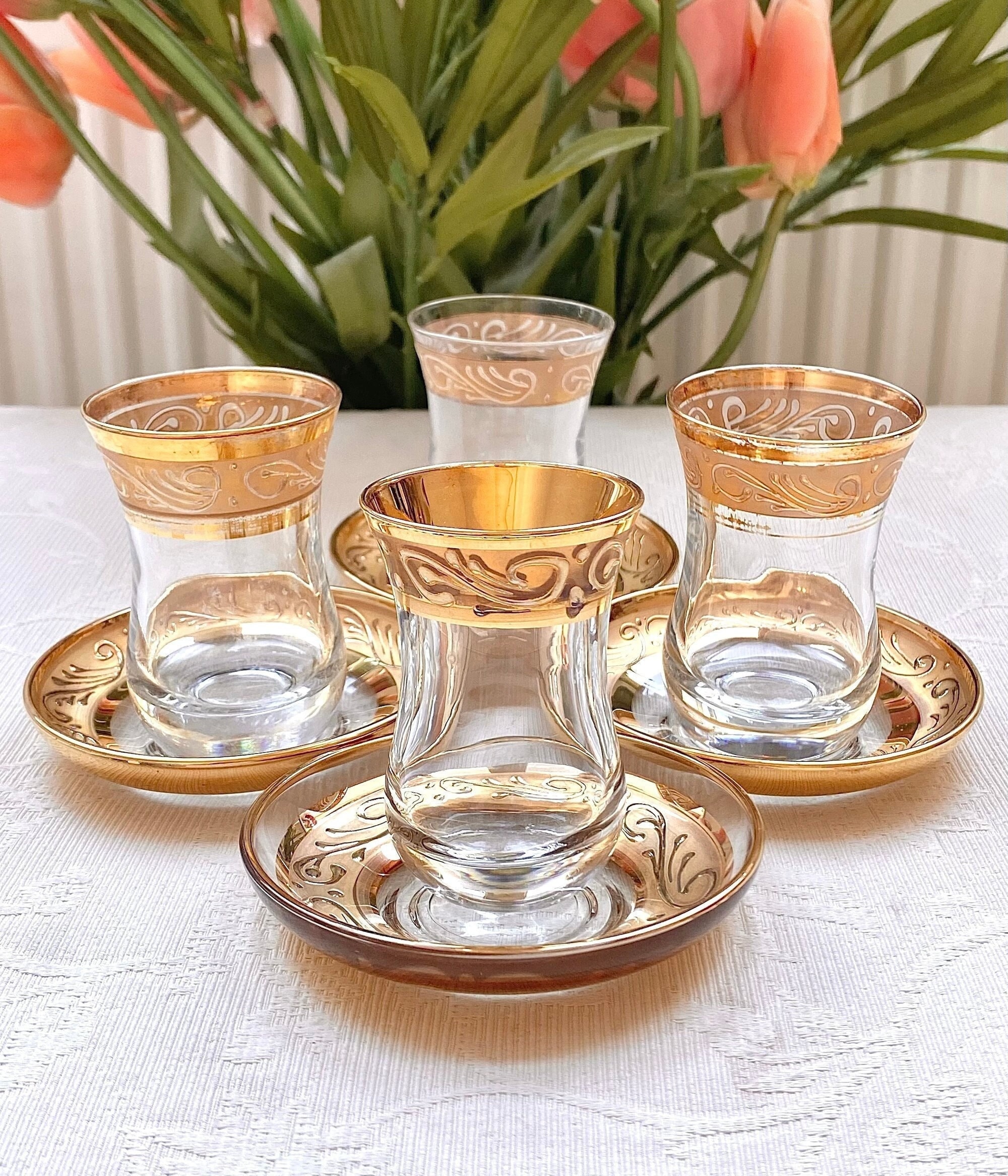 SET OF 4 Elegant Turkish Tea Glass Cup and Saucer Sets With Beautiful ...