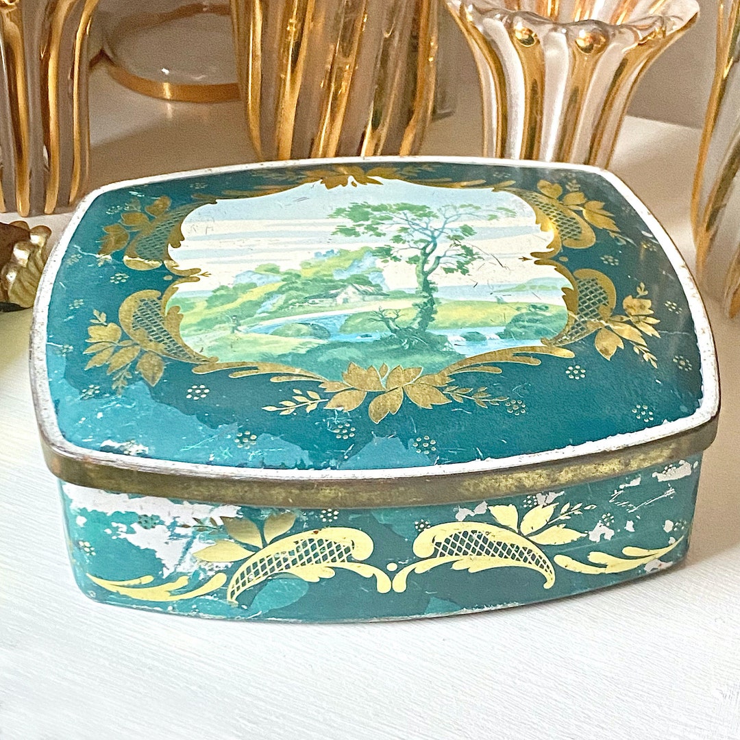 Square Crown Bisca Biscuit Tin With Romantic Natural Scenery and Gold ...
