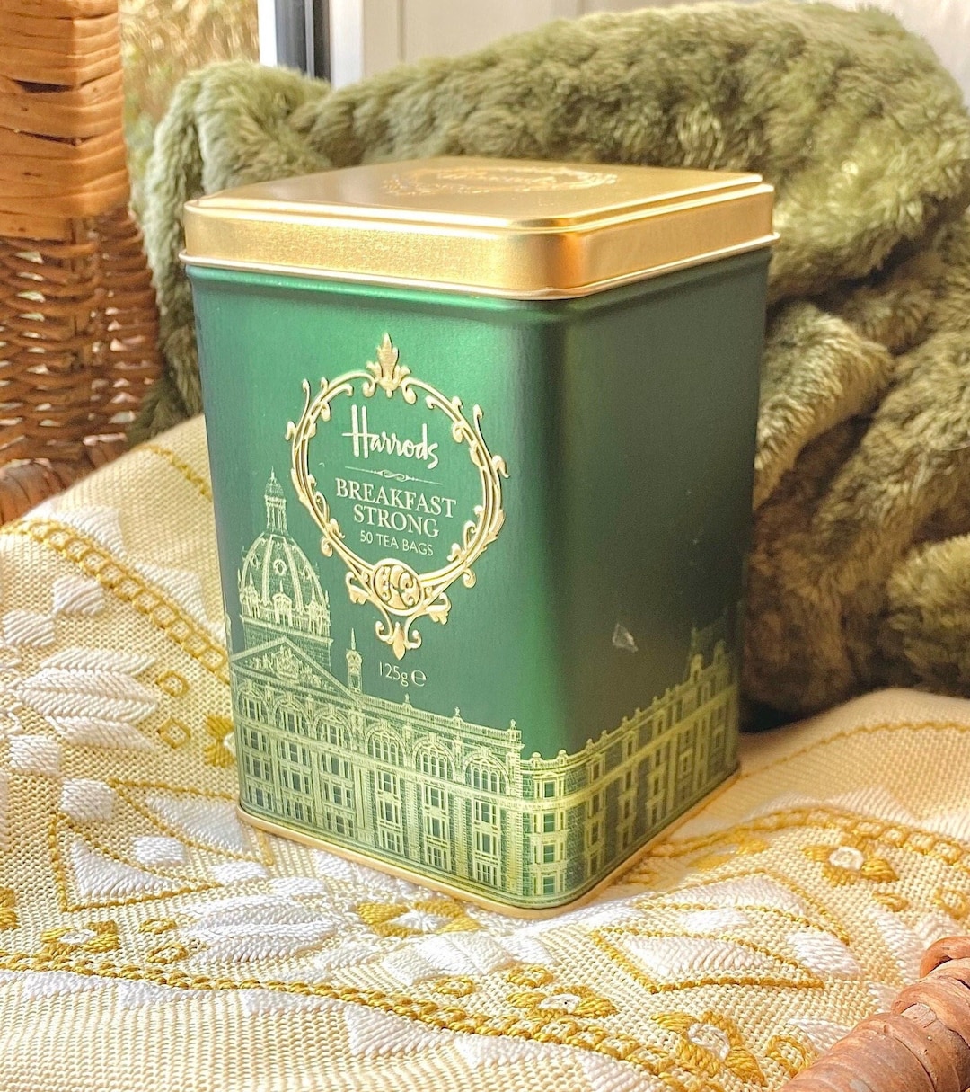 Nostalgic English Retro Harrods Green and Gold Square Tea/spice Tin ...