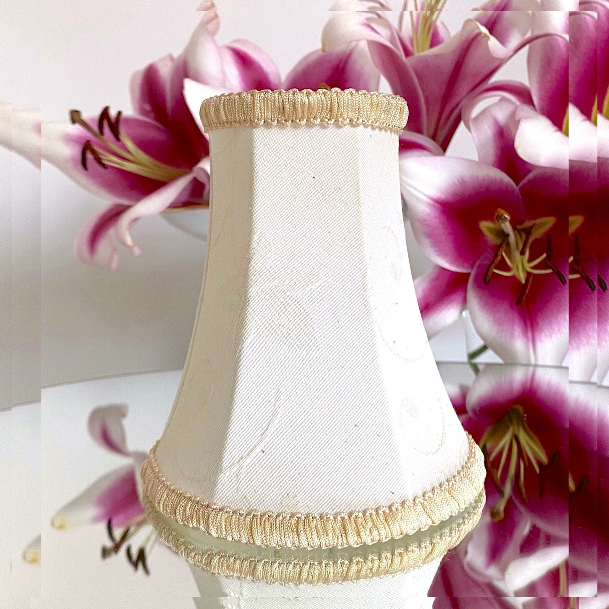 Petite White Fabric Lamp Shade With Delicate Botanical Motive and Beige ...