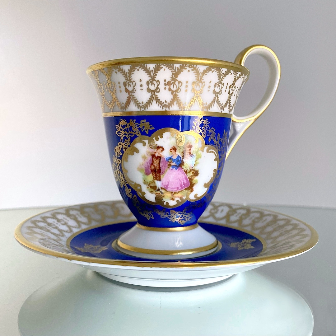 Romantic Royal Blue and off White Footed Demitasse Cup and Saucer Set ...