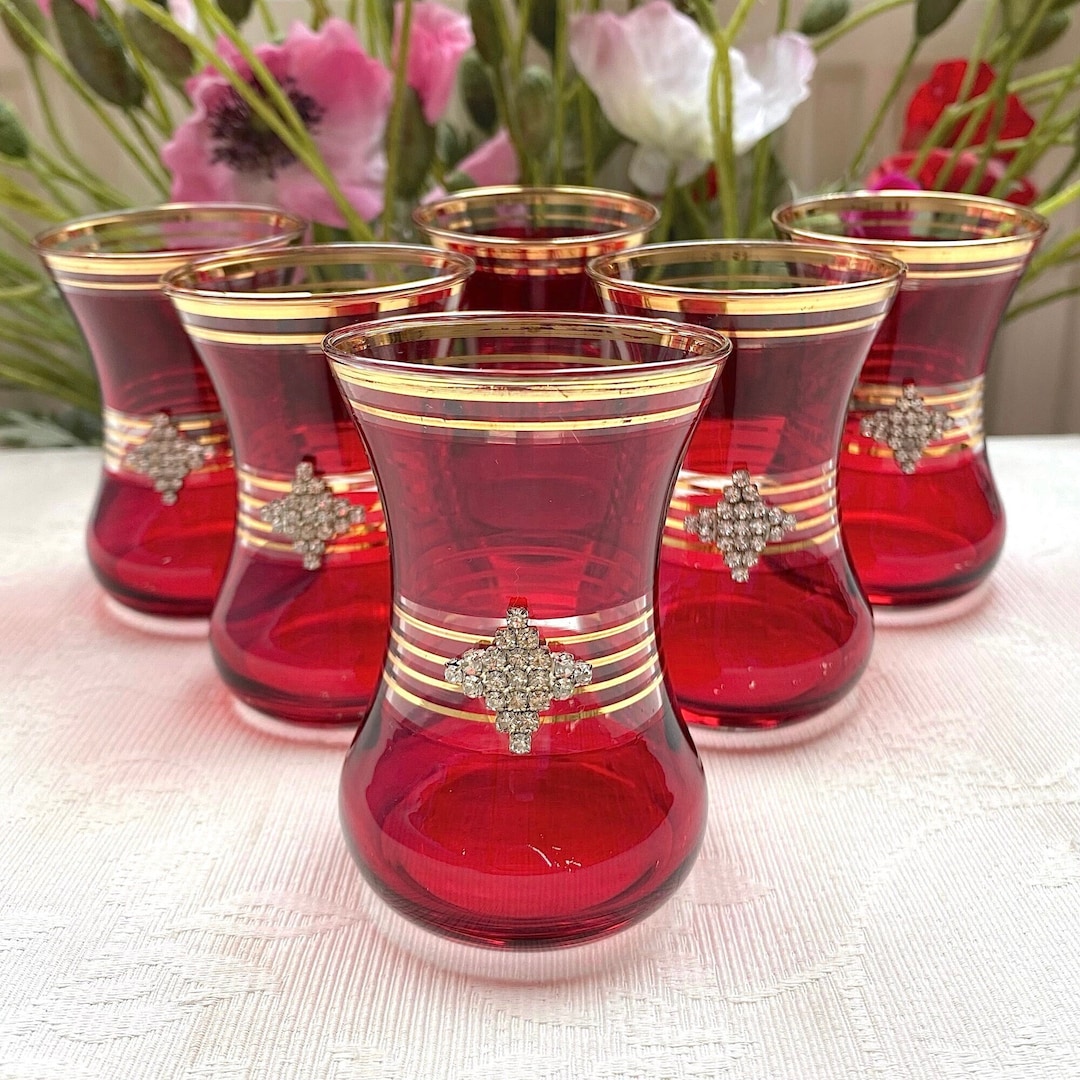 SET OF 6 Ruby Red Persian Tea Glasses With Rhinestone Motive, Gold Trim ...