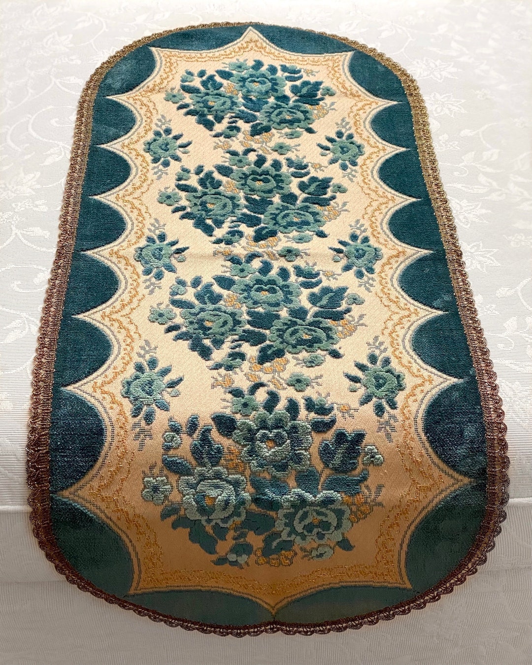 Blue Velvet Oval Table Runner With Metallic Trim, Gorgeous Texture and ...
