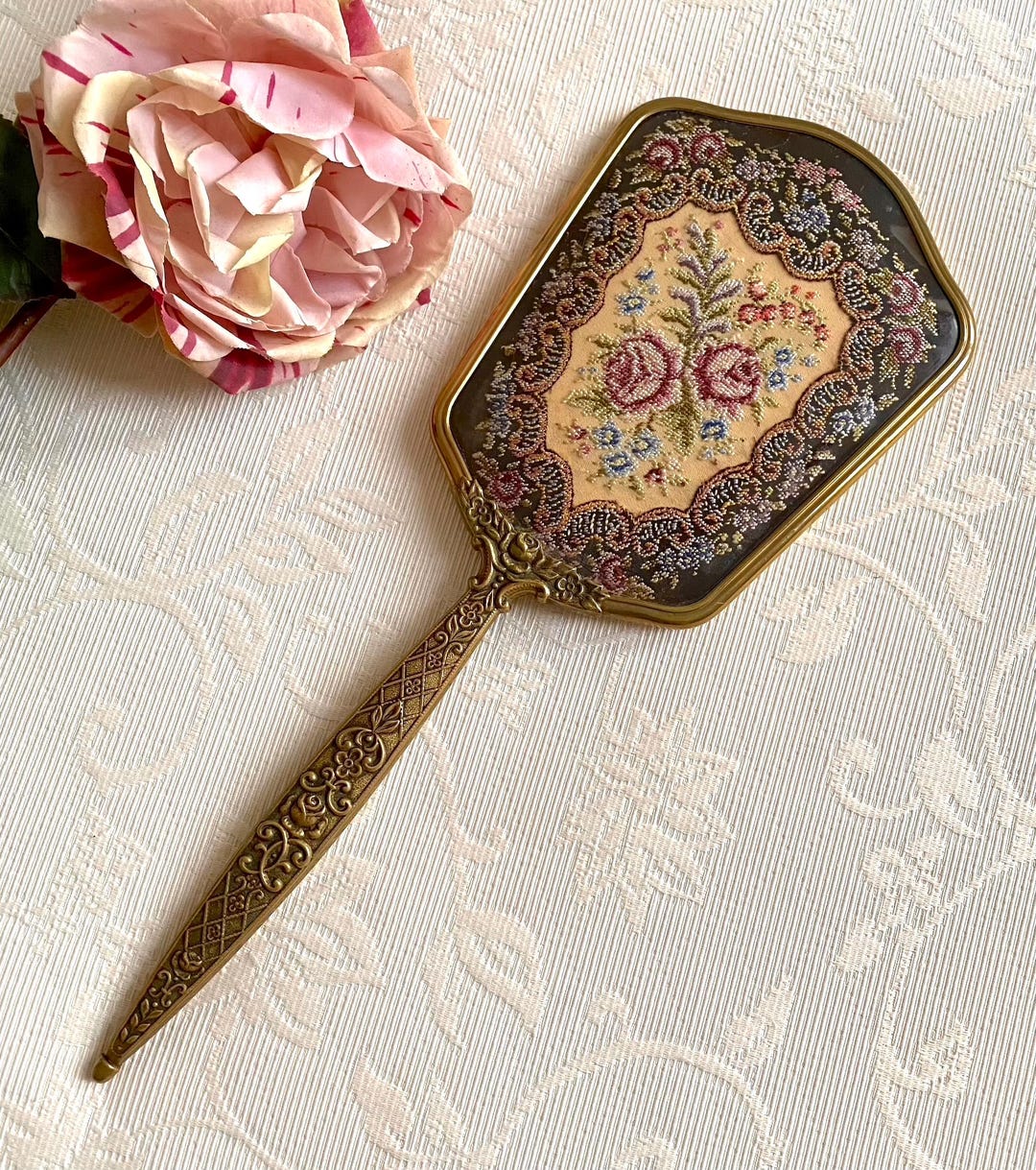Heirloom Collectible Romantic Gold Tone Brass Hand Mirror With Gorgeous ...