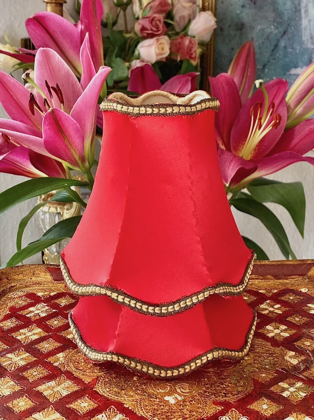 SET OF 2 Classic Red Small Satin Lamp Shades. Vintage French Parisian ...