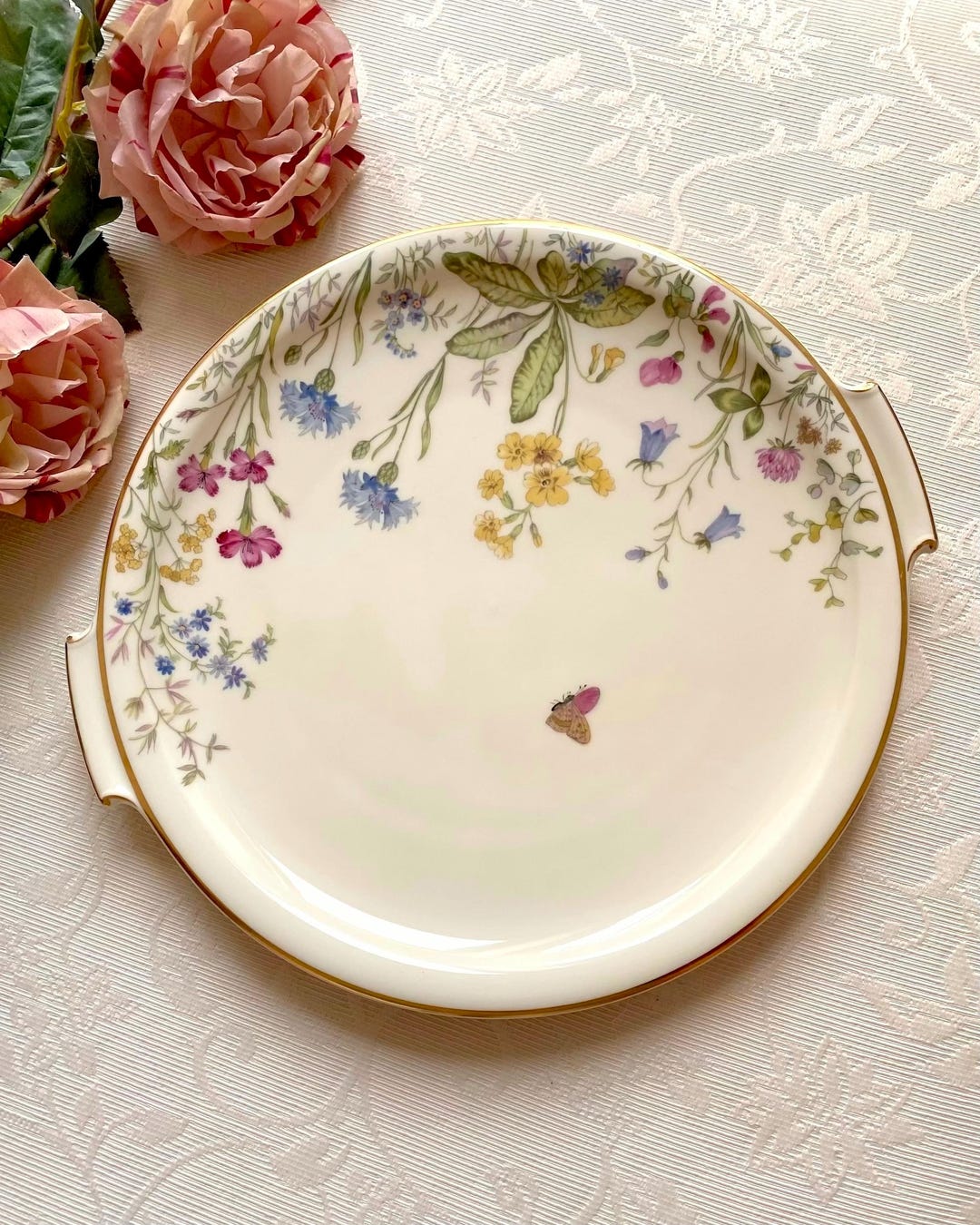 Wild Flower Motive on off White Porcelain. Large Round Serving Plate With Handles and Gold Trim ...