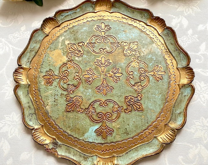Patina Green and Gold Renaissance Style Gorgeous Round Wood Tray ...