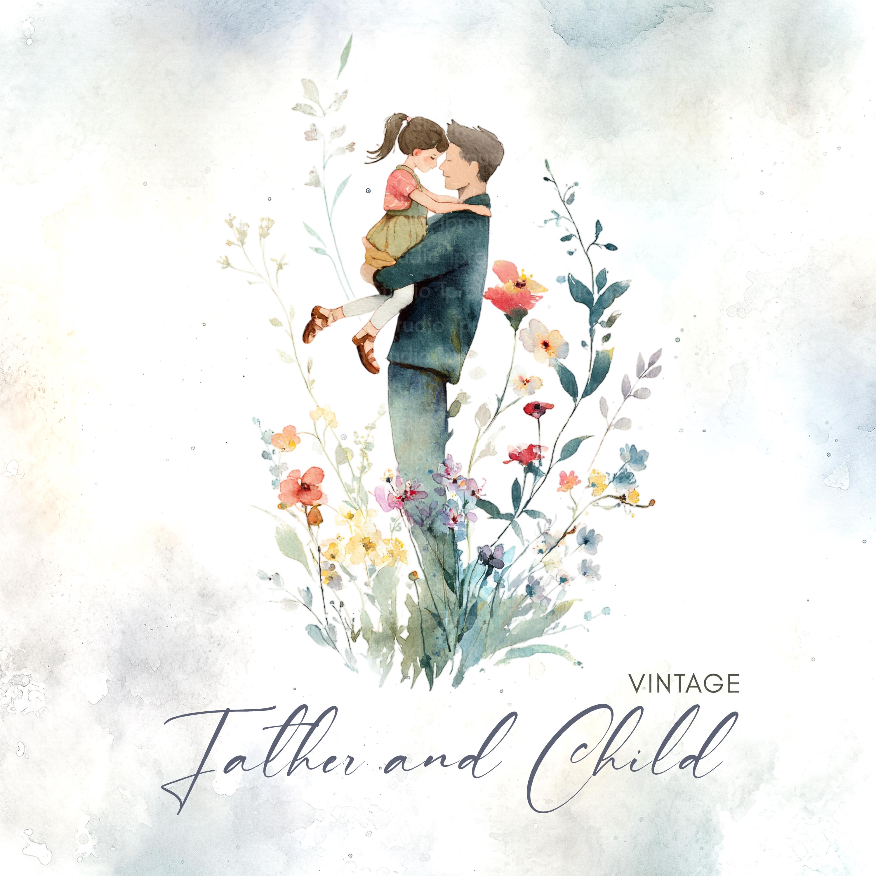 Vintage Father and Child Clipart, Watercolor Retro Art, Nostalgic Dad ...