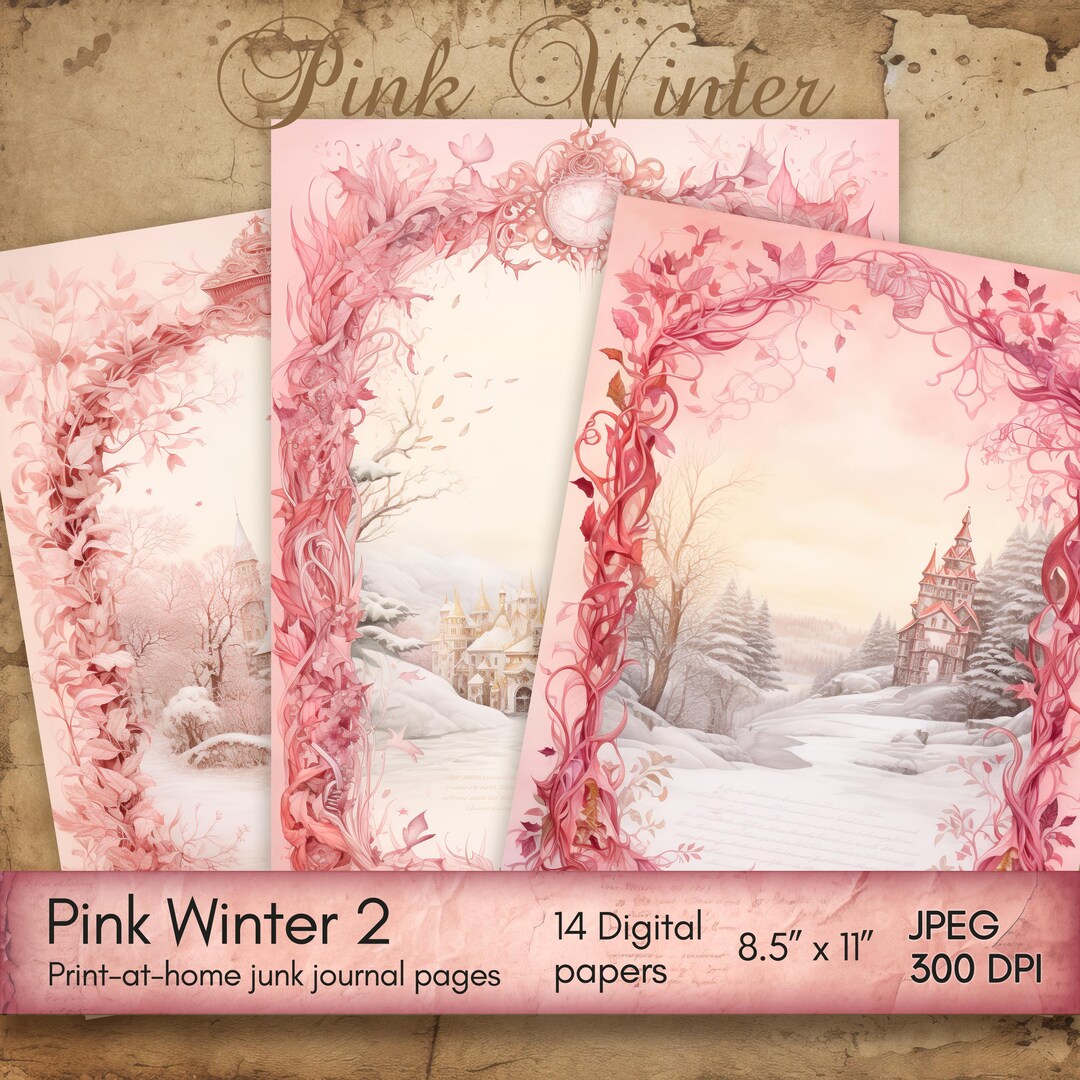 Pink Winter Junk Journal Pages, Digital Papers, Floral Ephemera ...