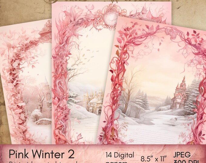 Pink Winter Junk Journal Pages, Digital Papers, Floral Ephemera ...