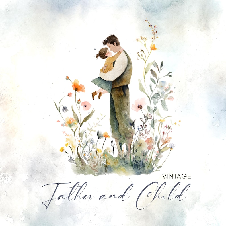 Vintage Father and Child Clipart, Watercolor Retro Art, Nostalgic Dad ...