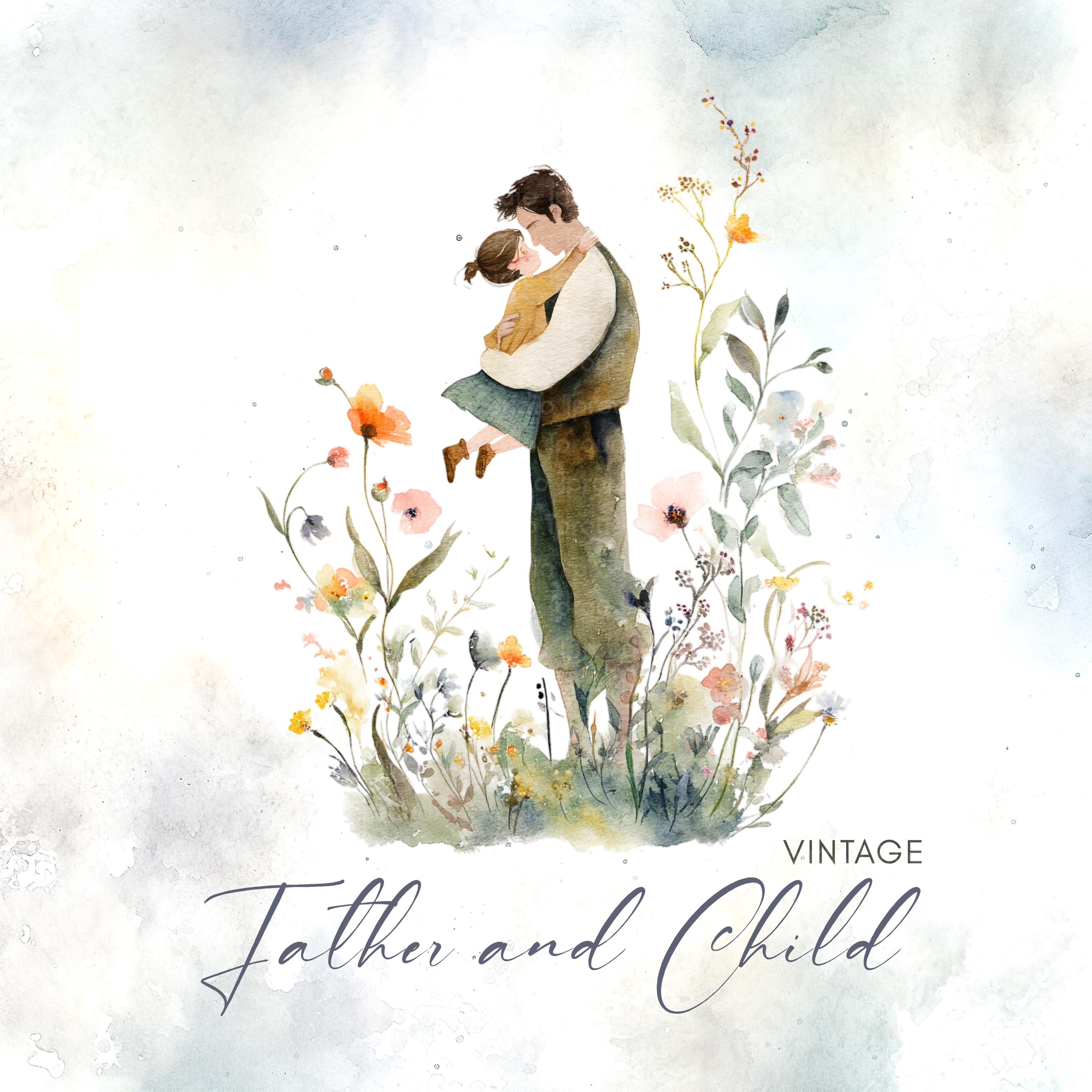 Vintage Father and Child Clipart, Watercolor Retro Art, Nostalgic Dad ...