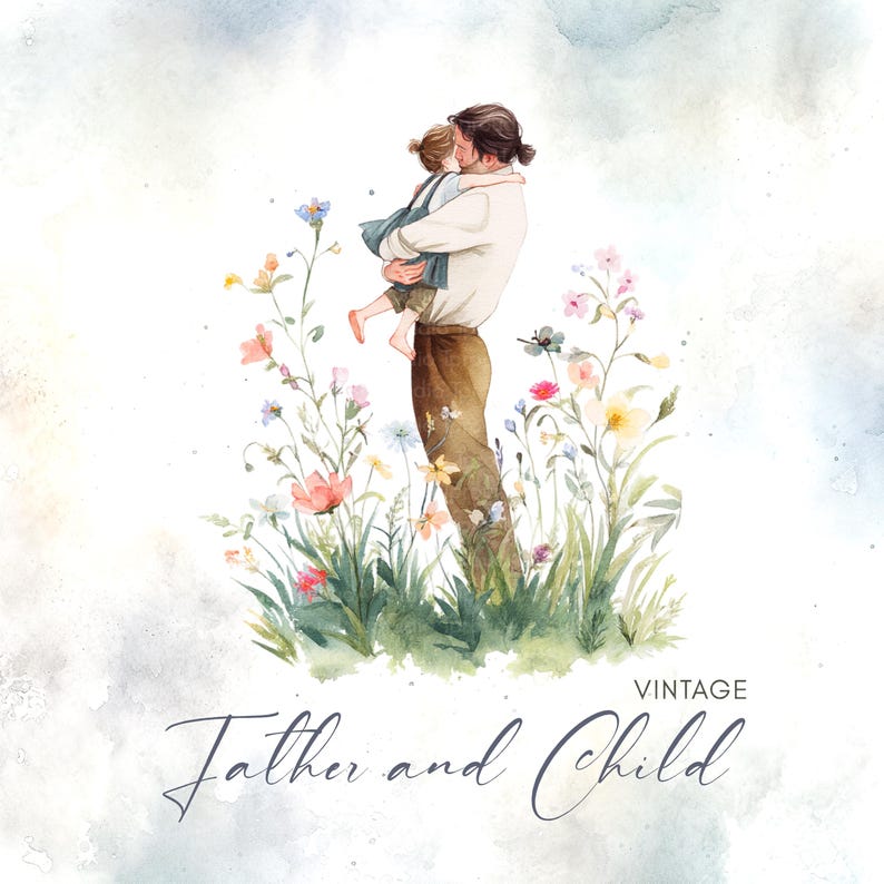 Vintage Father and Child Clipart, Watercolor Retro Art, Nostalgic Dad ...