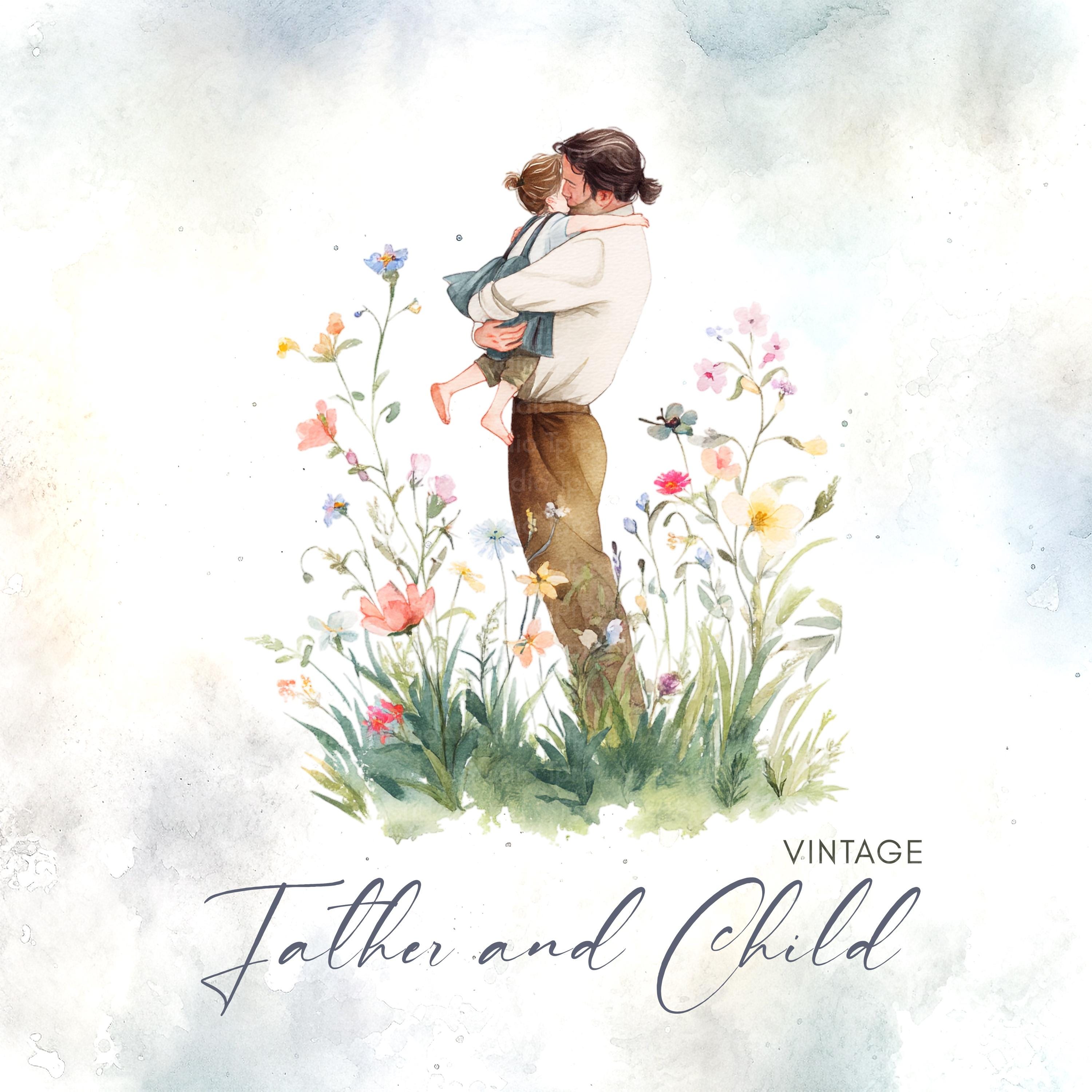 Vintage Father and Child Clipart, Watercolor Retro Art, Nostalgic Dad ...