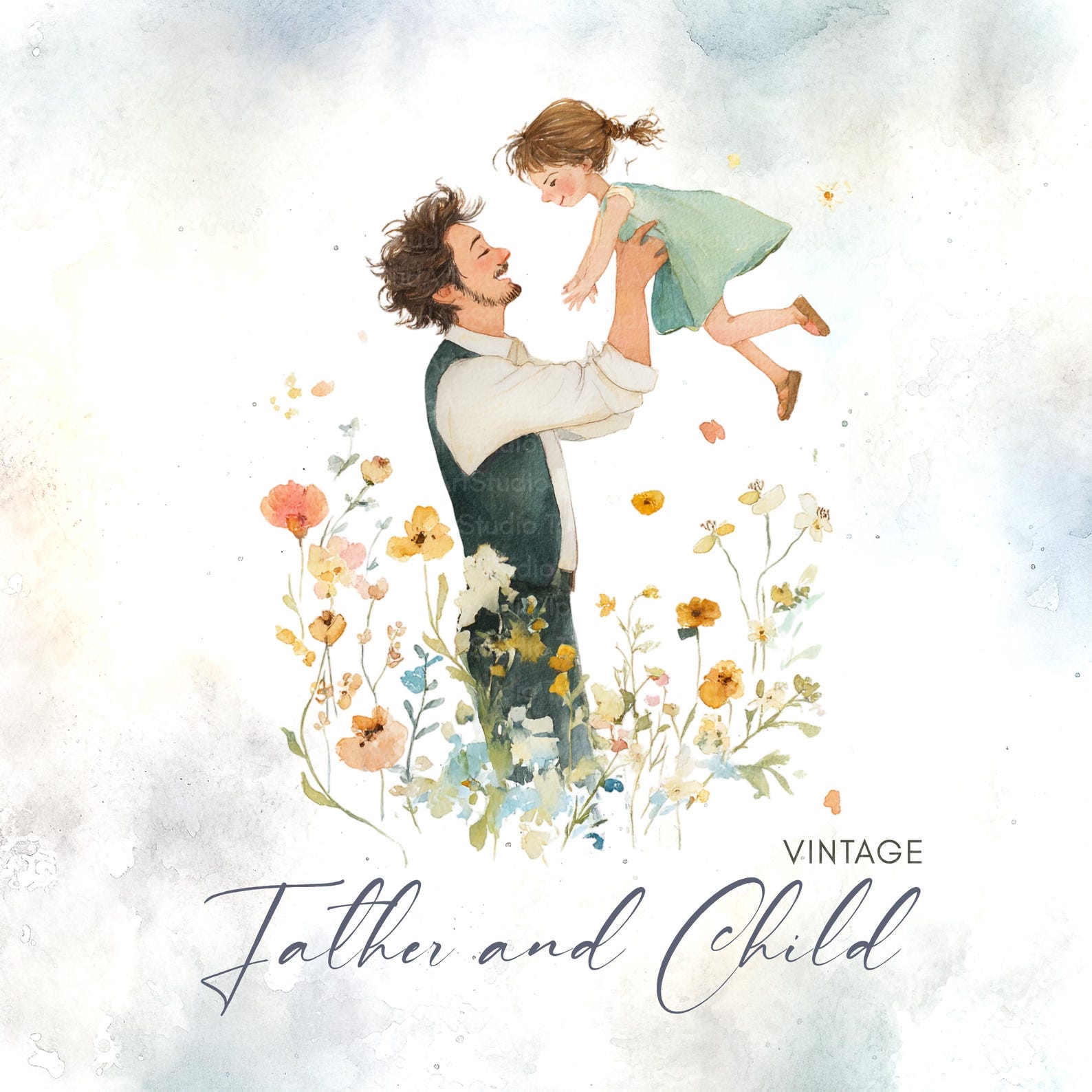 Vintage Father and Child Clipart, Watercolor Retro Art, Nostalgic Dad ...