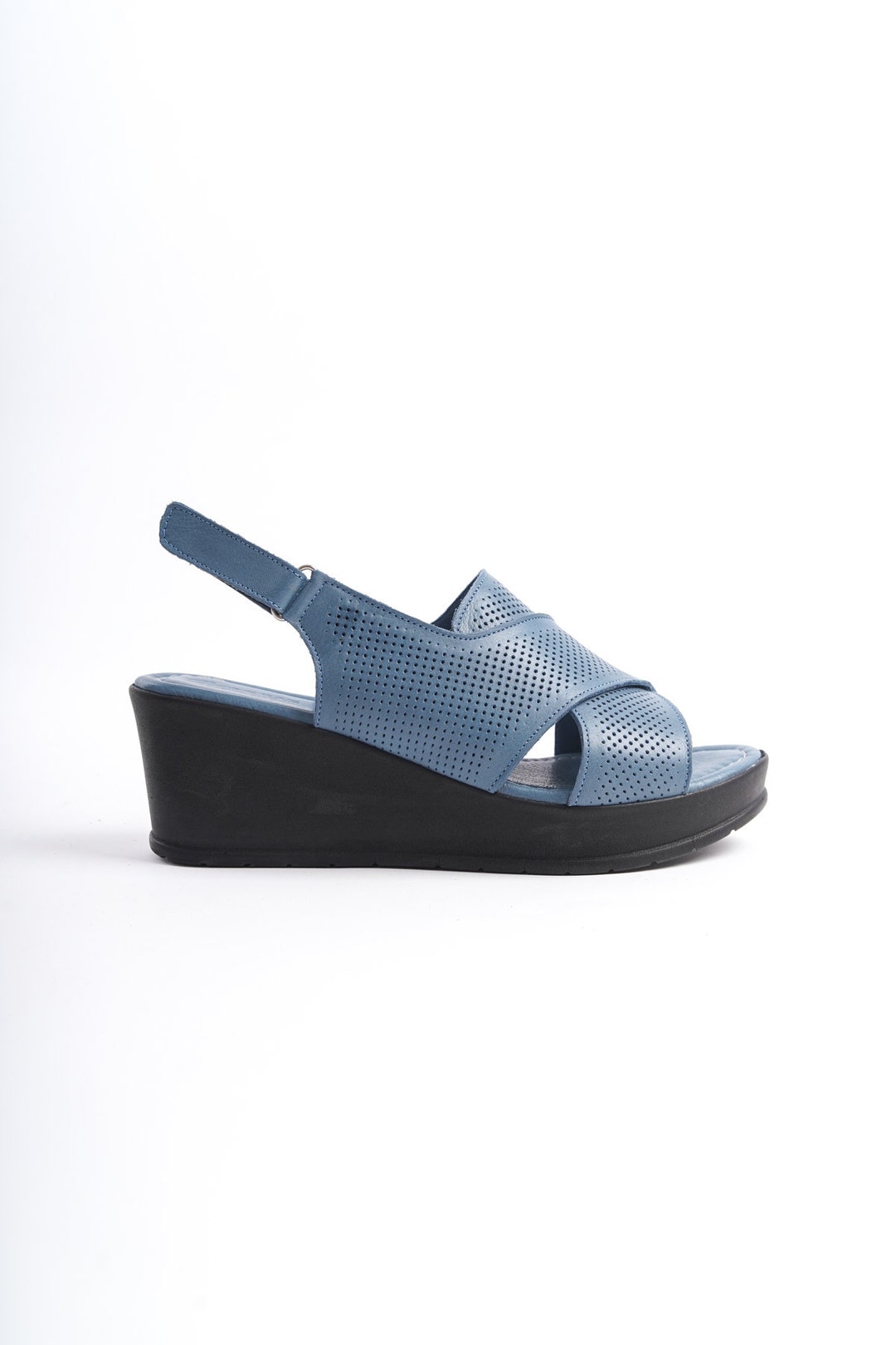 Blue Perforated Wedge Sandals With Cross-straps, Adjustable Back ...