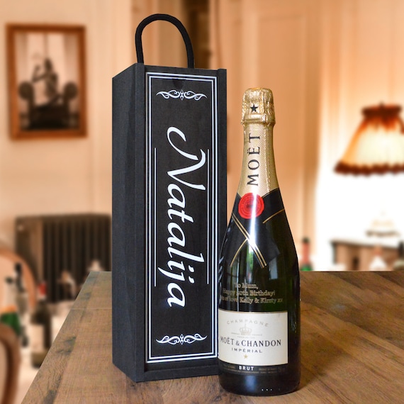 Personalised black wooden champagne box engraved gift birthday | Etsy