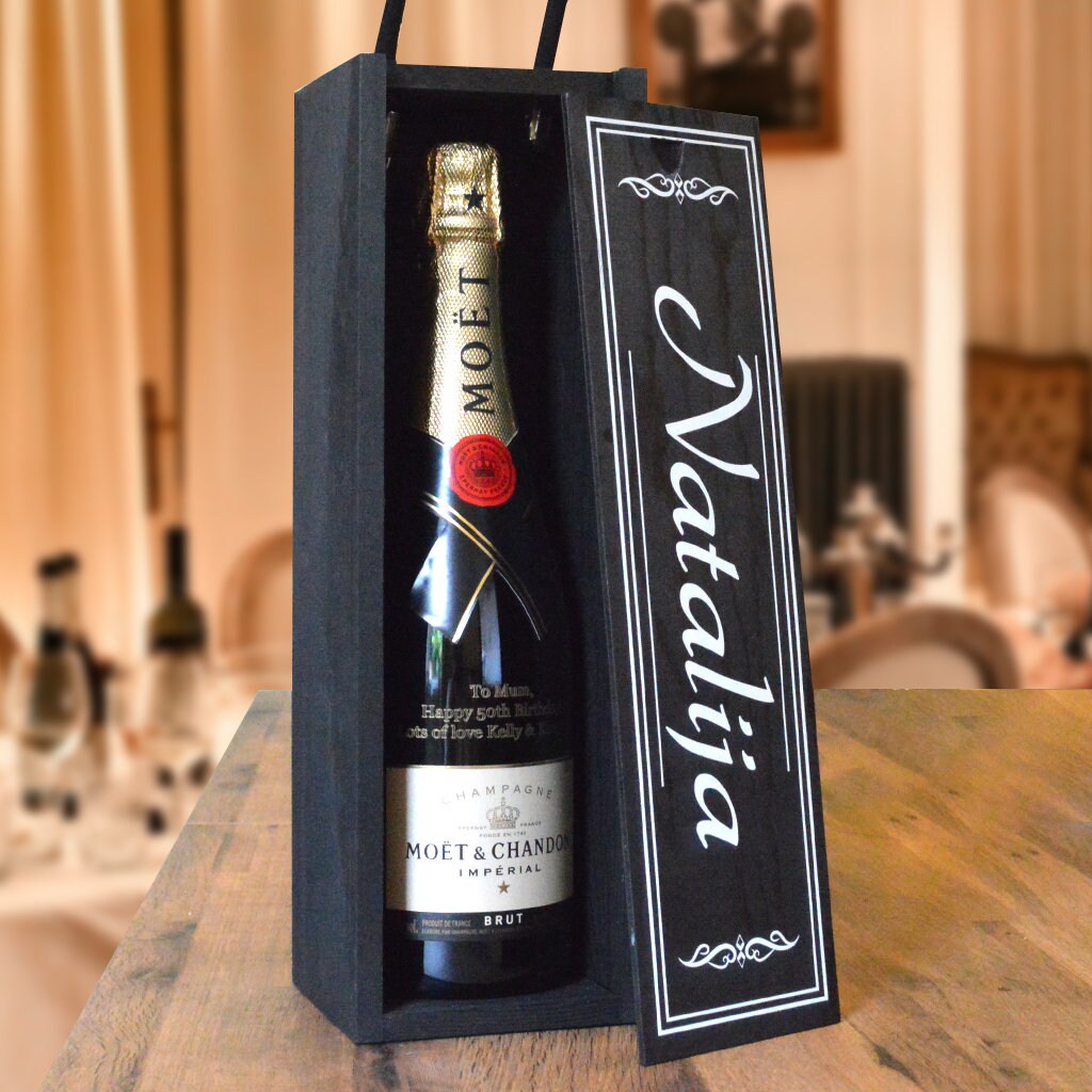 Personalised Black Wooden Champagne Box Engraved Gift Birthday ...