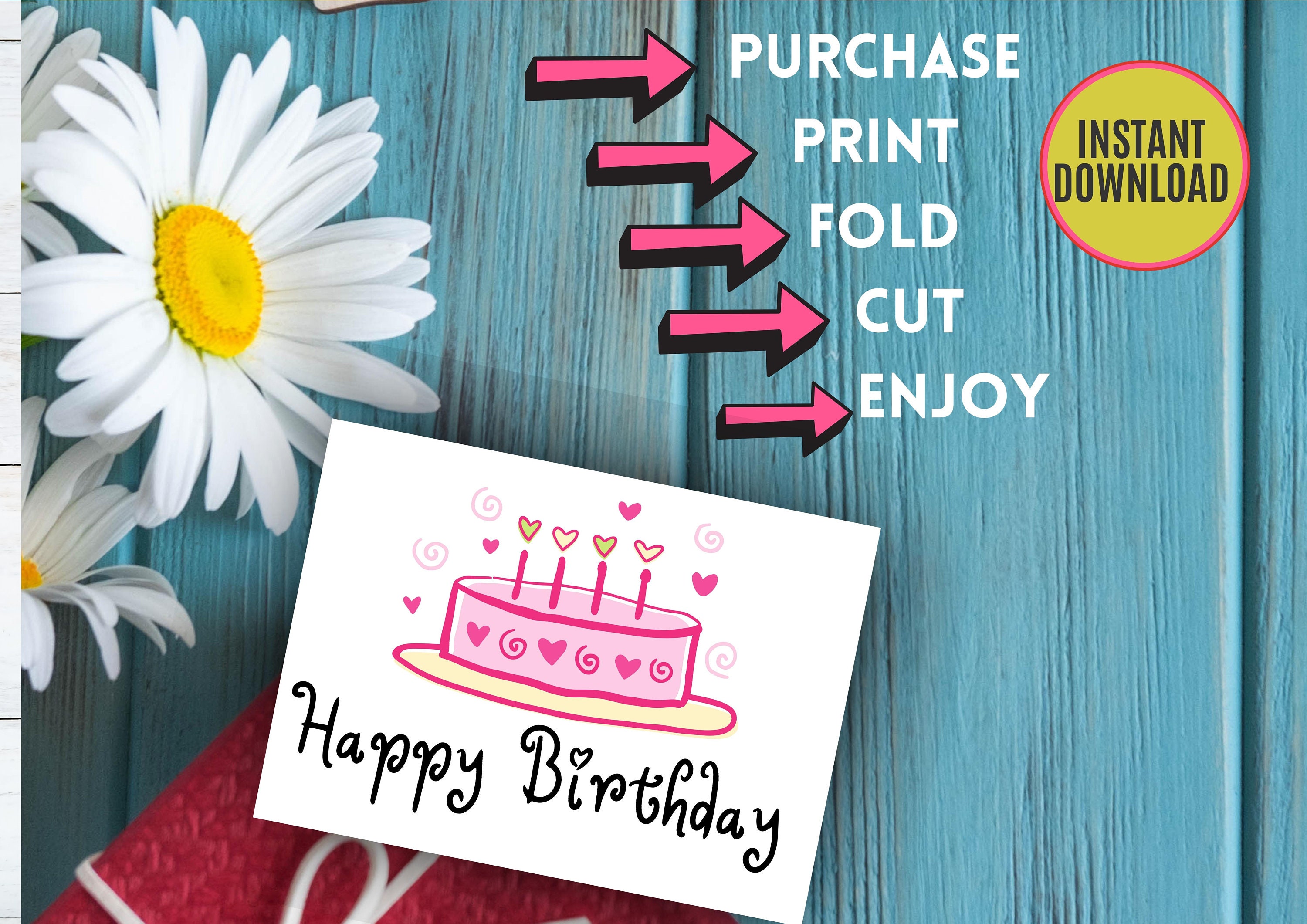 Pink Cake Birthday Card Printable Instant Download PDF - Etsy