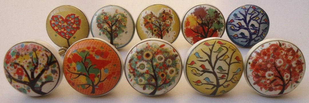 Multi Color Tree Design Ceramic Knobs Kitchen Cabinet Drawer - Etsy