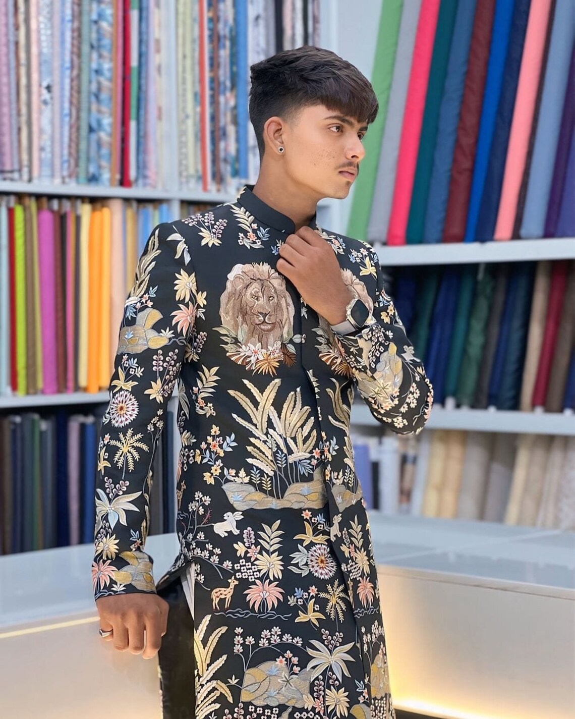 Black Malai Satin Lion Embroidered Floral and Sequins Kurta for Men - Etsy