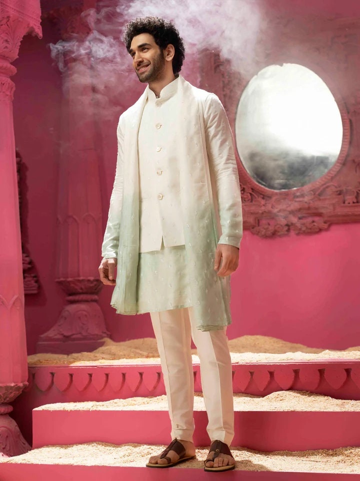 Beige and Piste Natural Cotton Ombre Hand Dying Print Bandi/jacket ...