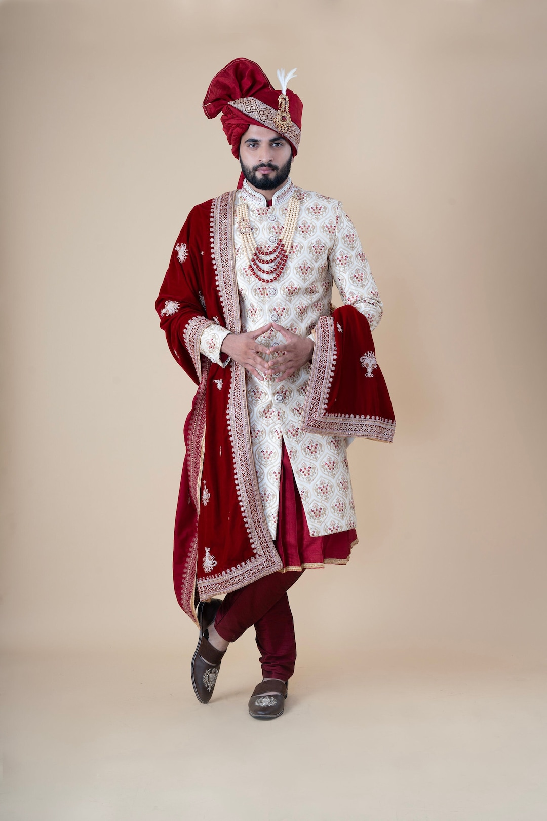 Plush Cream & Dark Red Color Sherwani Set - Etsy