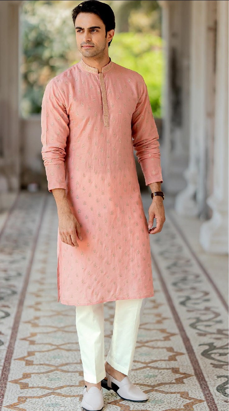 Pastel Pink Pure Linen Embroidered Kurta for Men and Kids - Etsy