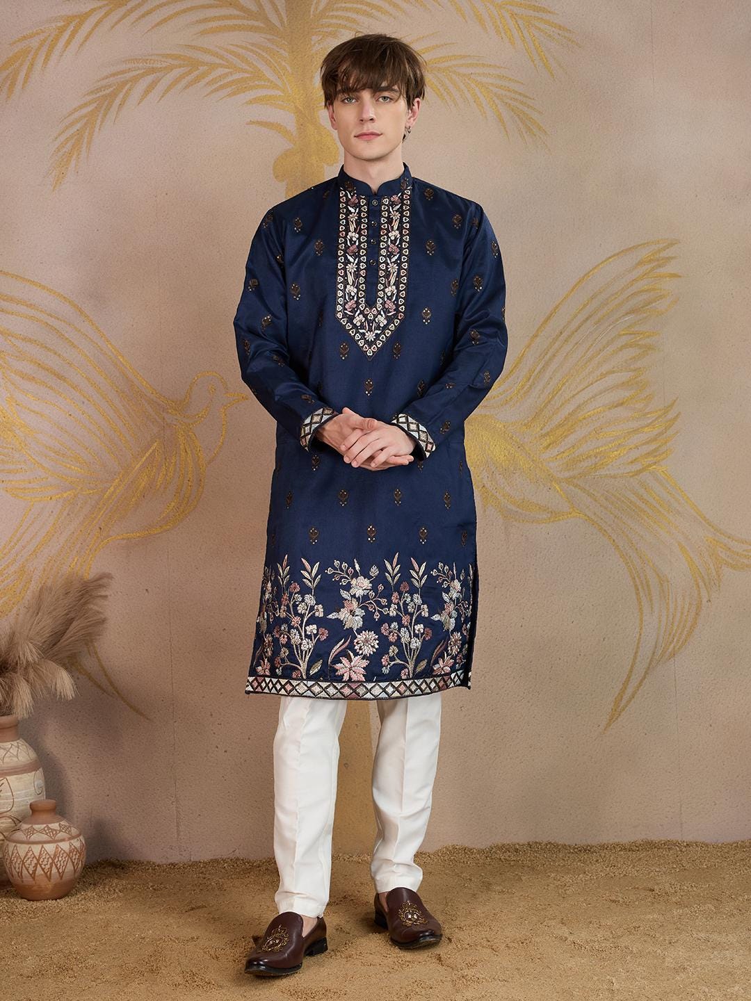 Berry Blue Embroidery Kurta Set for Men and Kids - Etsy