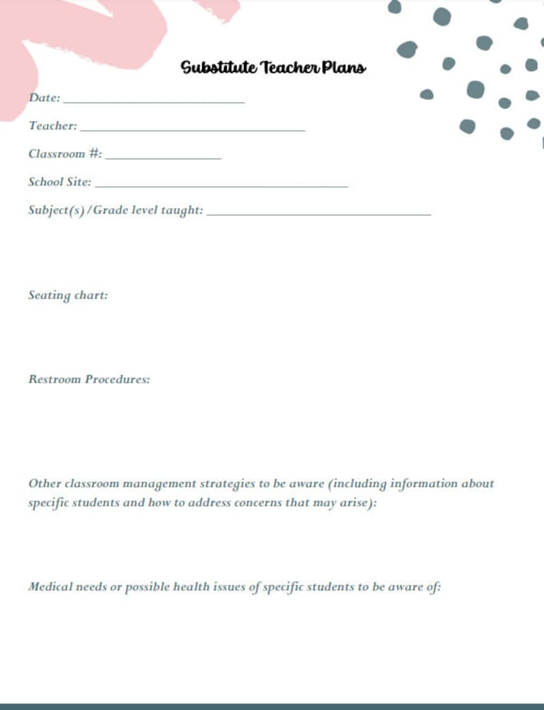 Lesson Plan Template for a Substitute Teacher - Etsy