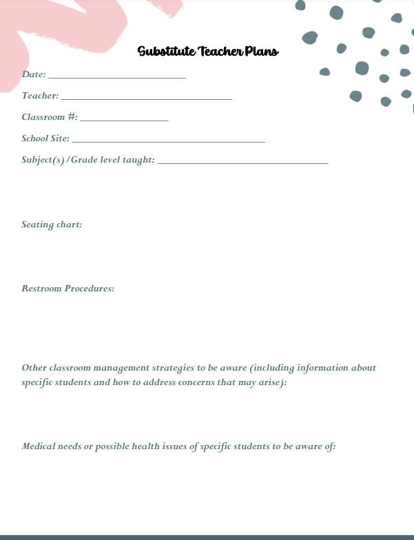 Lesson Plan Template for a Substitute Teacher - Etsy