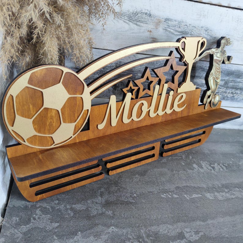 Soccer Medal Holder Shelf – Custom Name Trophy Rack for Girls, Wooden ...