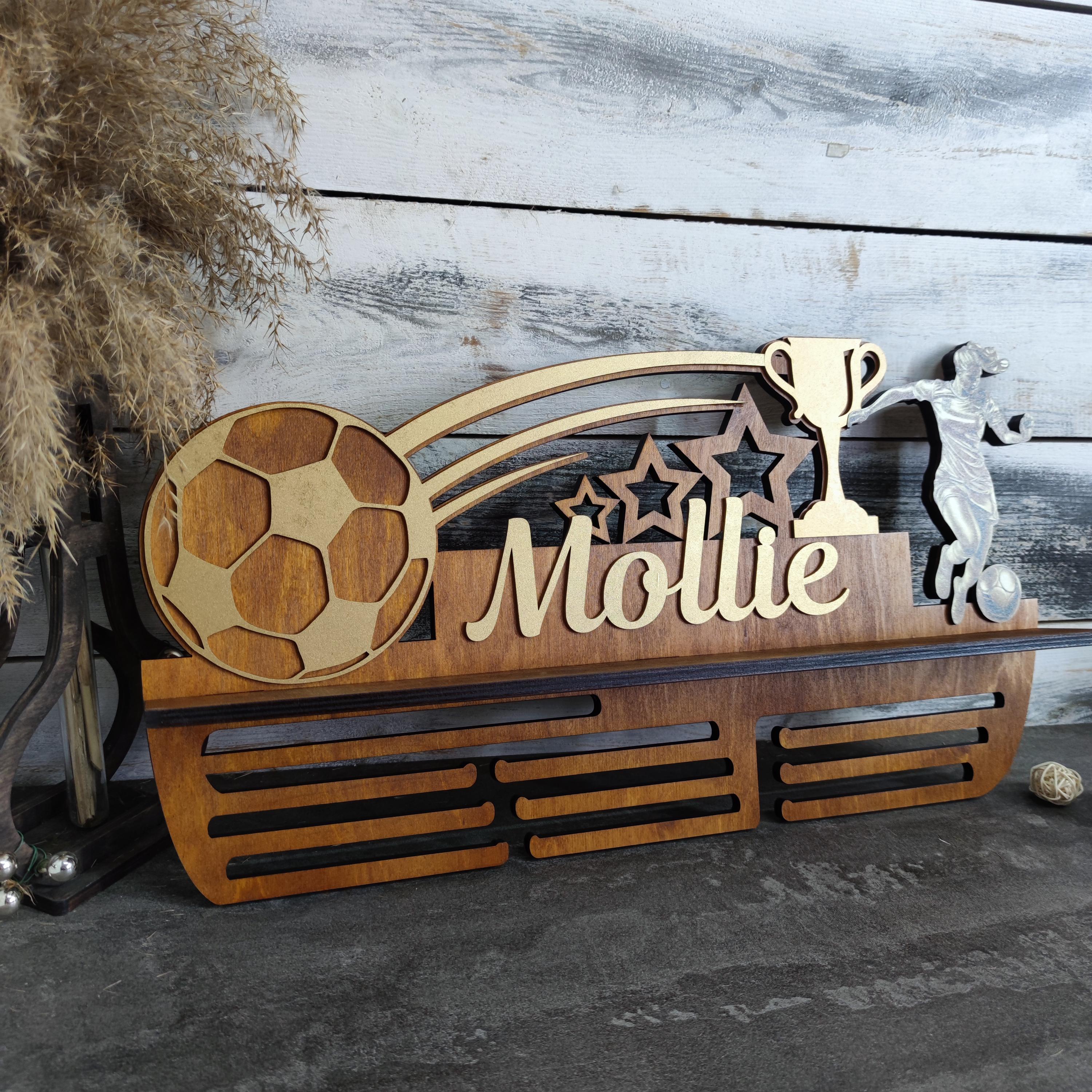 Soccer Medal Holder Shelf – Custom Name Trophy Rack for Girls, Wooden ...