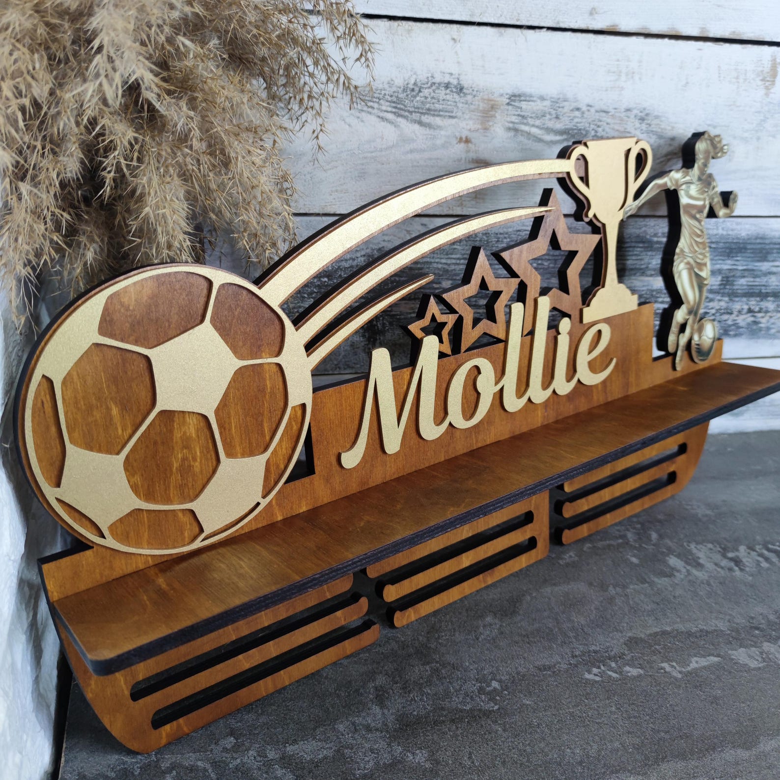 Soccer Medal Holder Shelf – Custom Name Trophy Rack for Girls, Wooden ...
