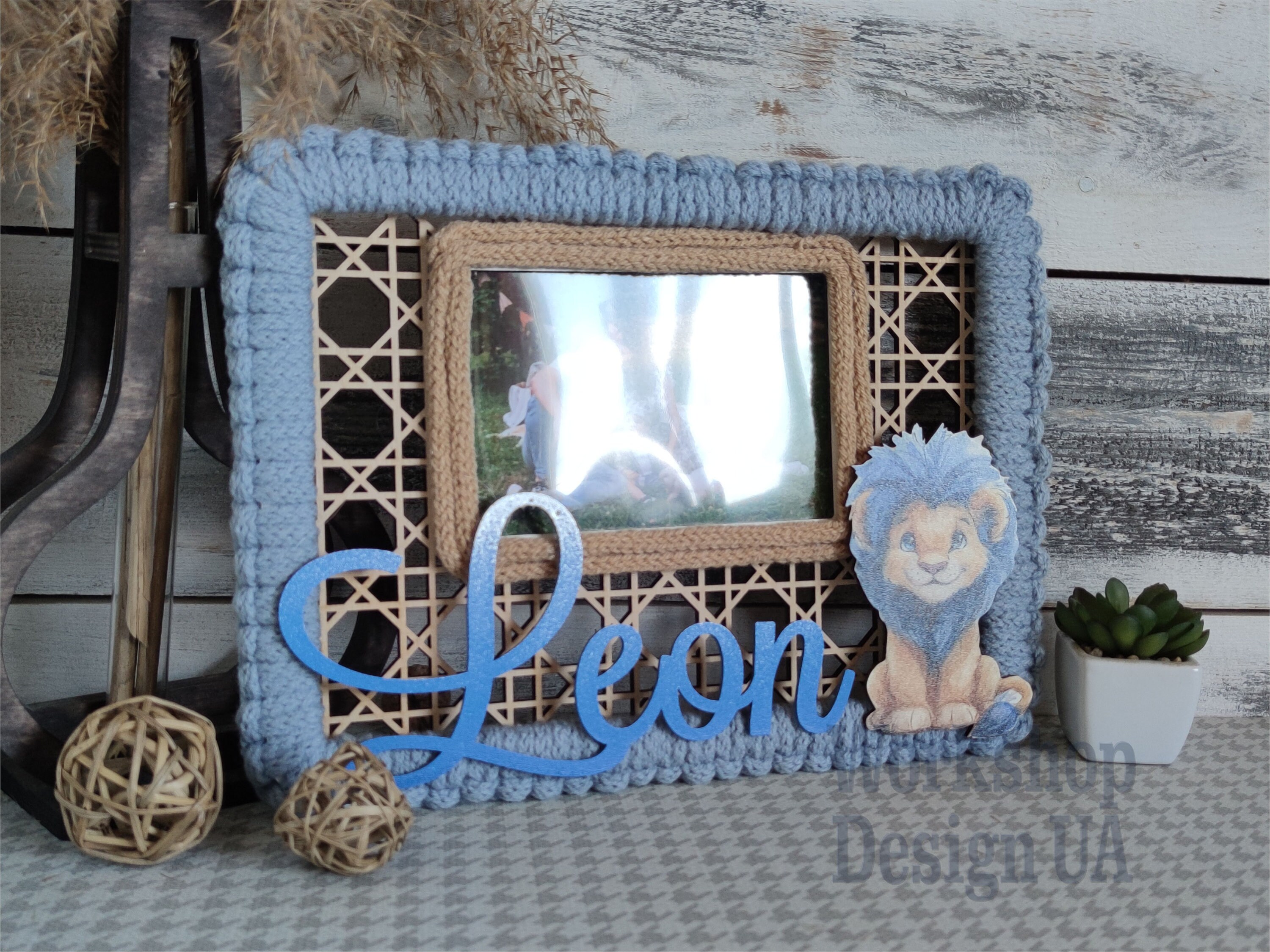 Personalized Colorful Character Photo Frame With Name Wood and Knitting ...