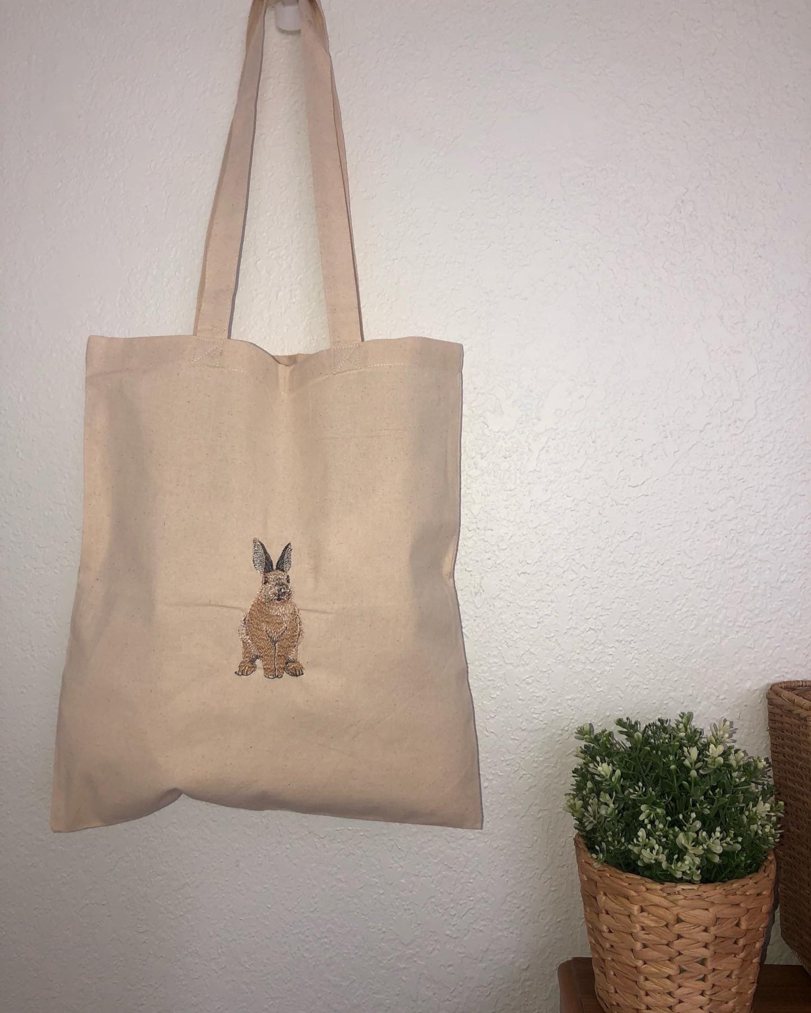 Embroidered Rabbit Tote Bag, Embroidery Bunny Tote, Rabbit Canvas Bag ...