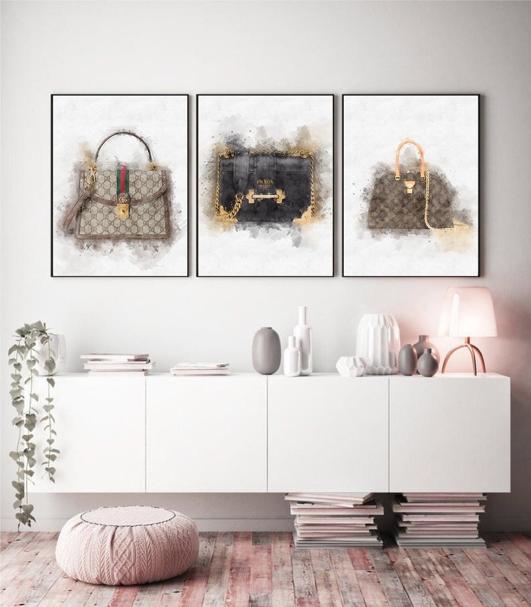 Set of 3 Designer Handbag Watercolour Digital Prints Gucci Prada Louis ...