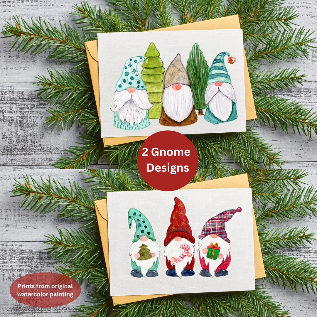 Watercolor Gnome Christmas Cards | Holiday Notecards |blank Xmas Card Set With Envelopes ...