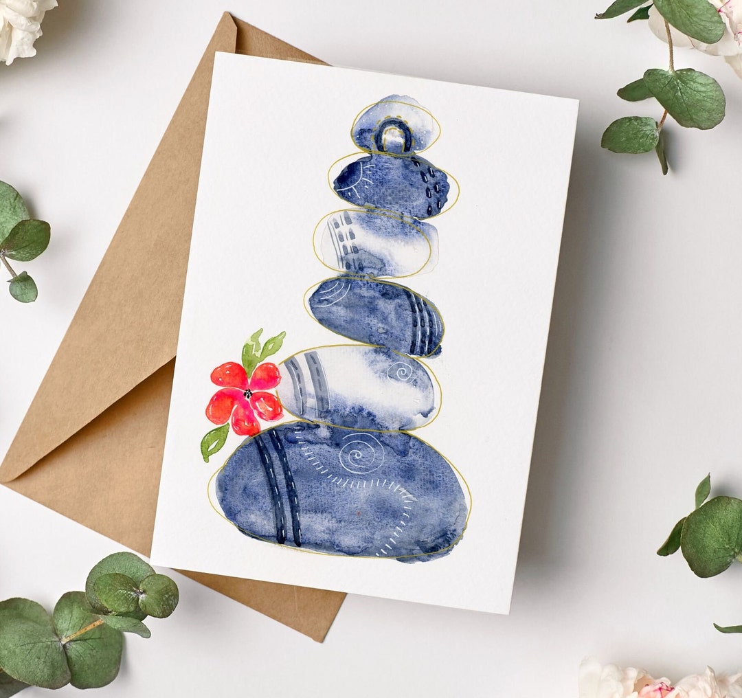 Rock Cairns Watercolor Greeting Cards Stacking Rocks Zen Art Abstract ...