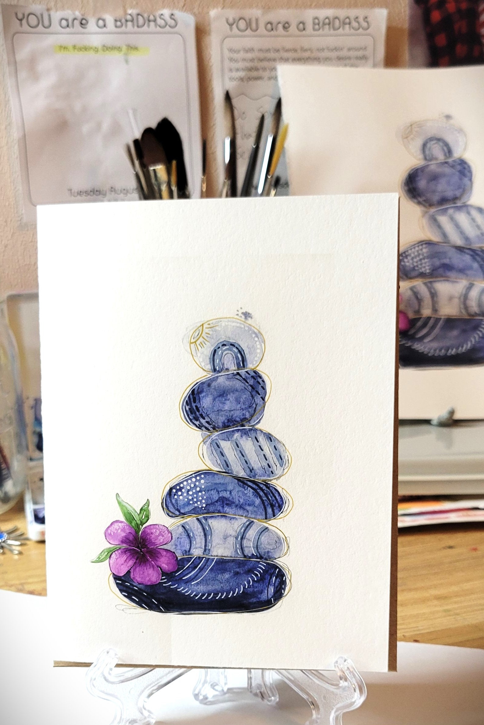 Rock Cairns Watercolor Greeting Cards Stacking Rocks Zen Art Abstract ...