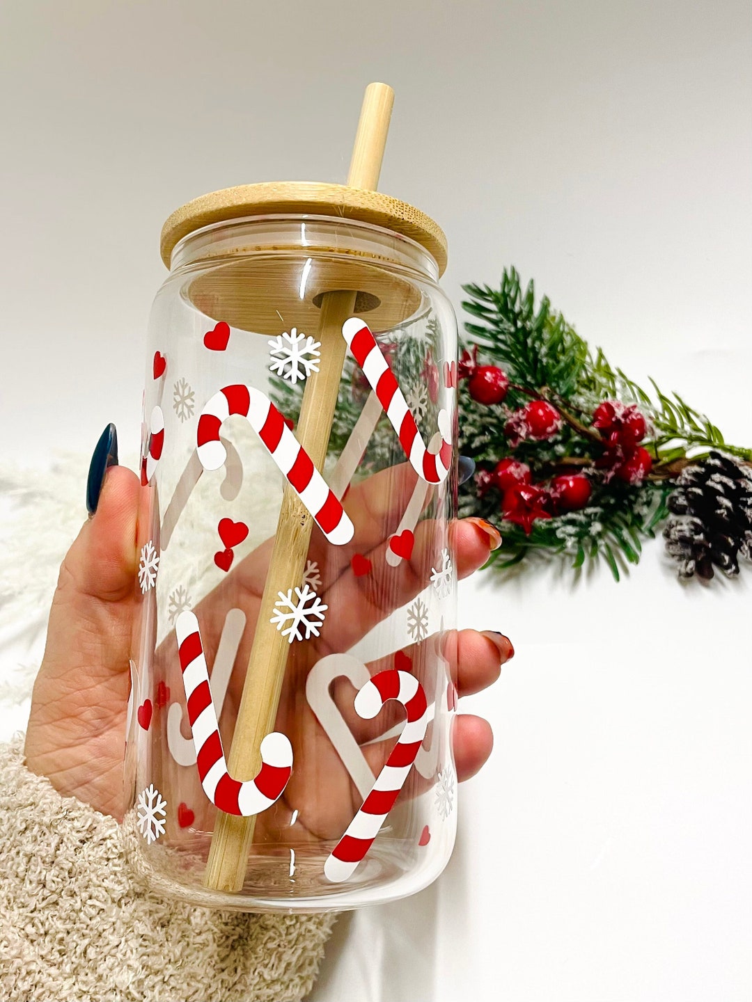 Candy Cane Christmas Can Glass // Christmas Cold Coffee Glass - Etsy
