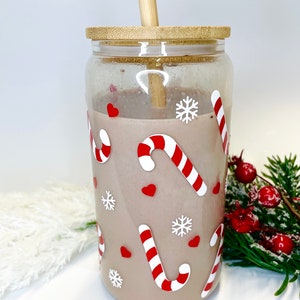 Candy Cane Christmas Can Glass // Christmas Cold Coffee Glass - Etsy