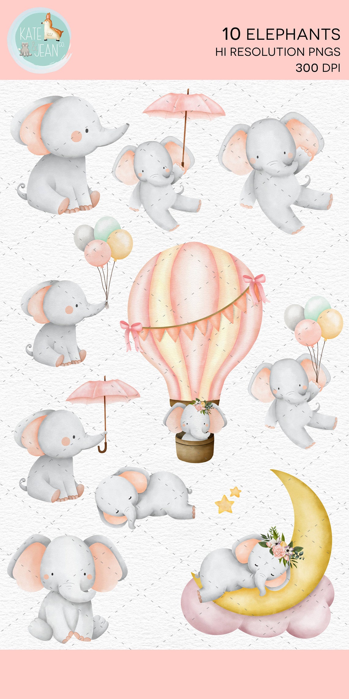 Watercolor Pink Baby Elephant Clipart Set Elephant Clipart Nursery ...
