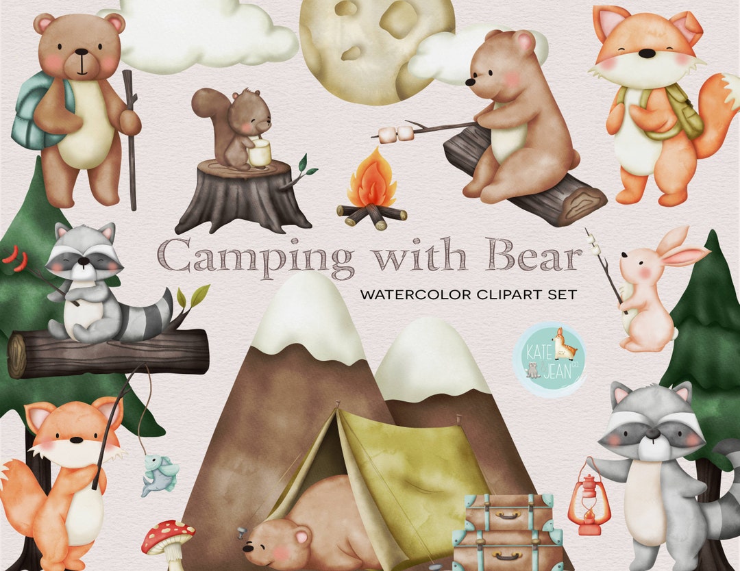 Watercolor Animals Camping Clipart Set, Watercolor Clipart, Bear, Fox ...
