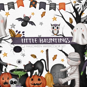 Halloween Watercolor Clipart Set, Cute Halloween Monsters, Cute Little ...
