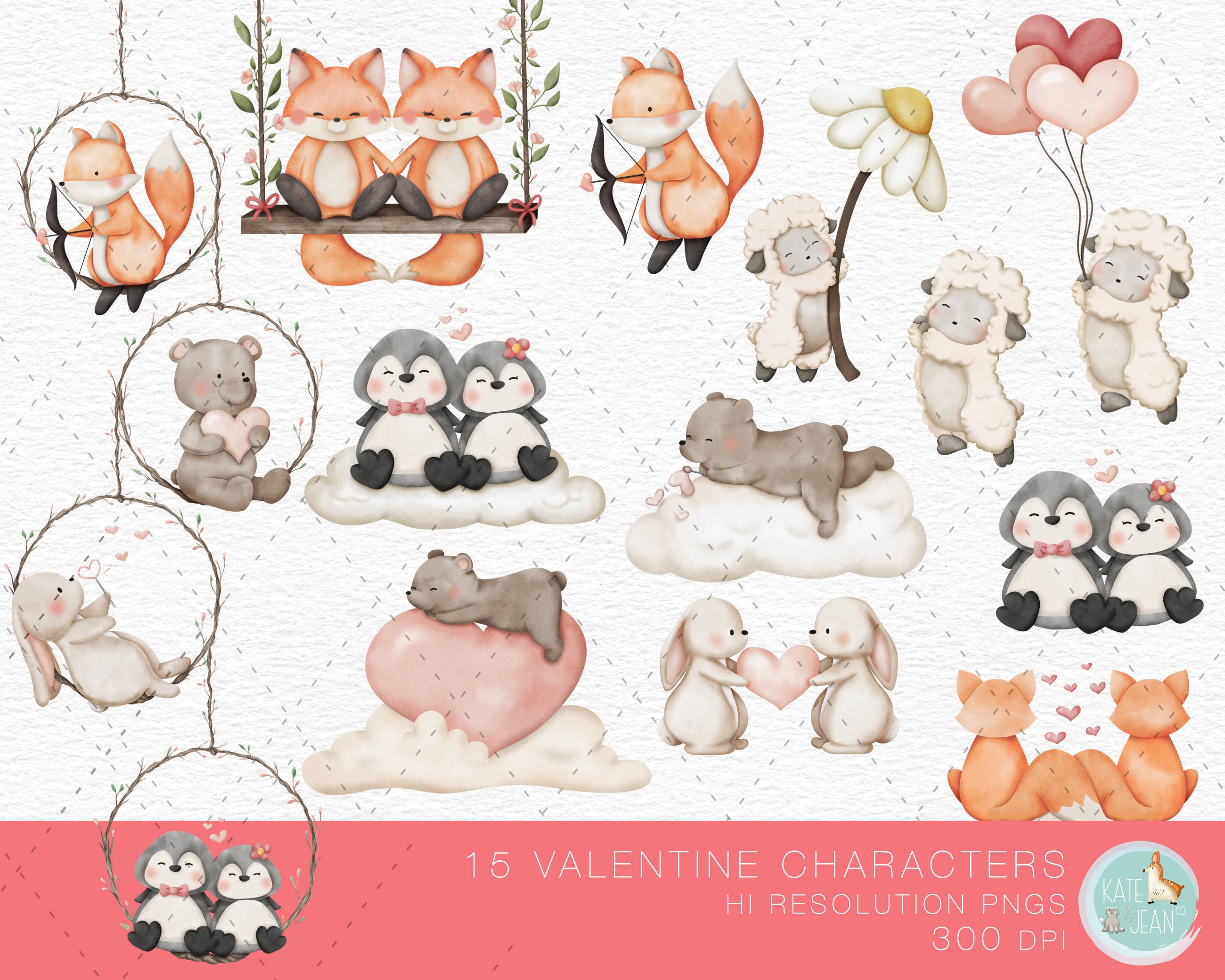 Valentine Watercolor Clipart Woodland Animals PNG Love - Etsy