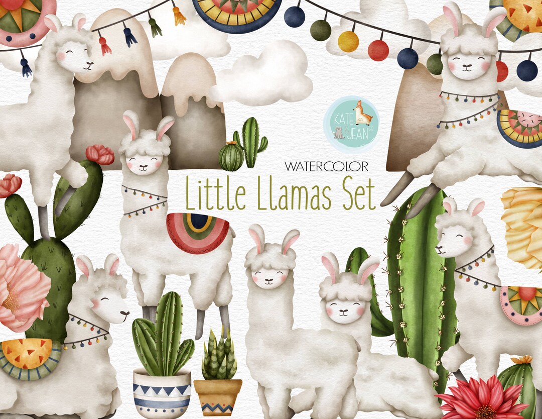 Little Llamas Watercolor Clipart Set, Llama Clipart, Cactus Clipart ...