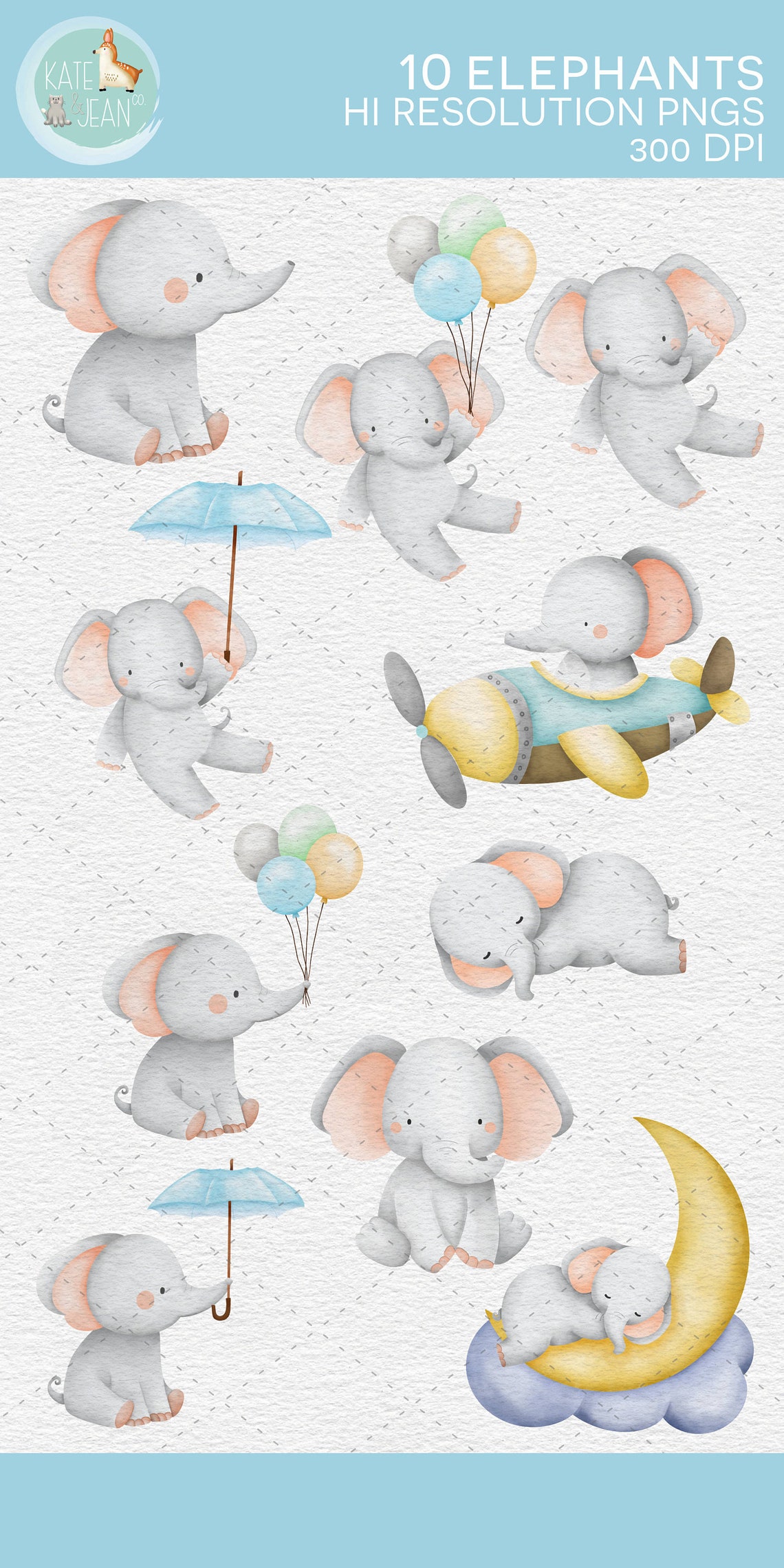 Blue Baby Elephant Clipart Watercolor Clipart Elephant - Etsy