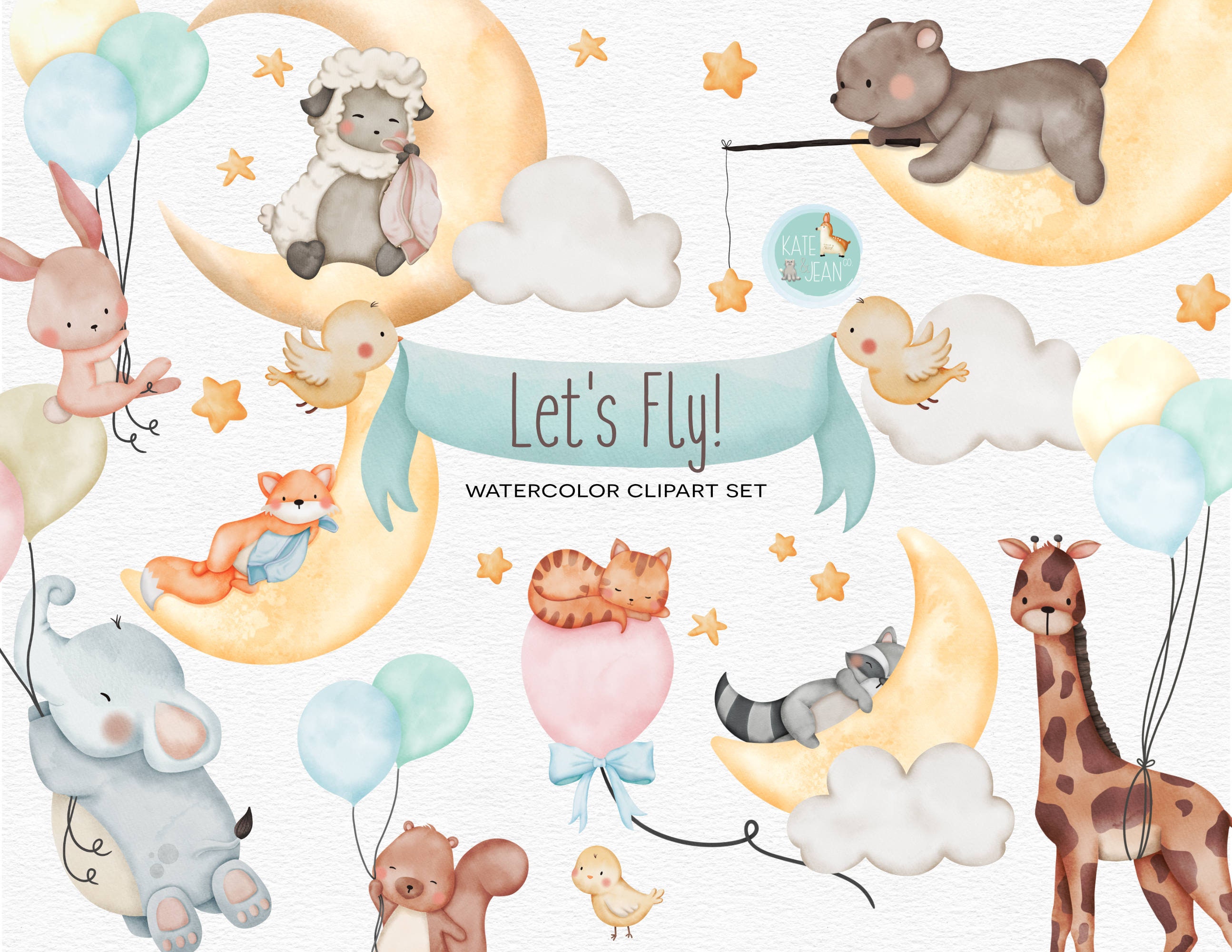 Animals With Balloons Watercolor Clipart for Birthday Parties, Baby ...